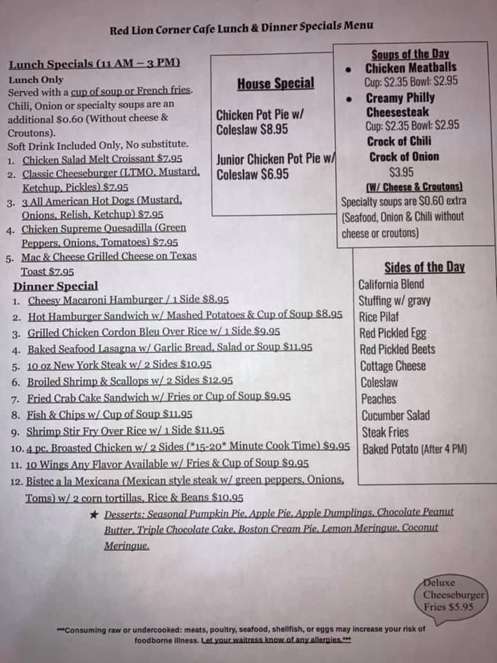 Menu at Red Lion Corner Café restaurant, Red Lion