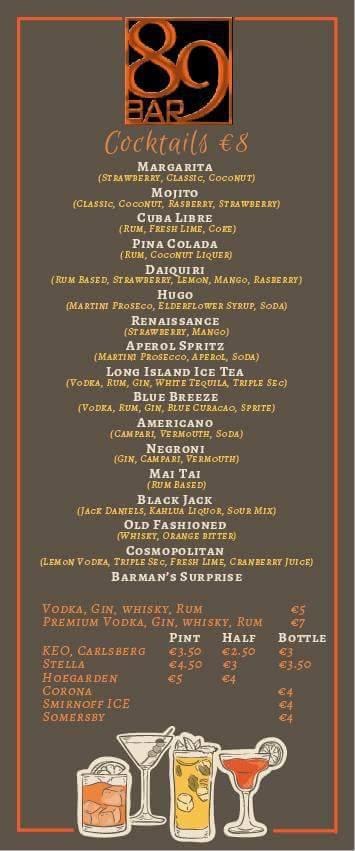 Menu at Bar 89, Nicosia