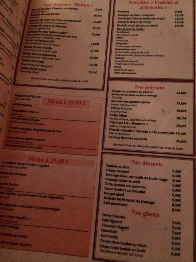 Menu at Patin Couffin restaurant, Nice