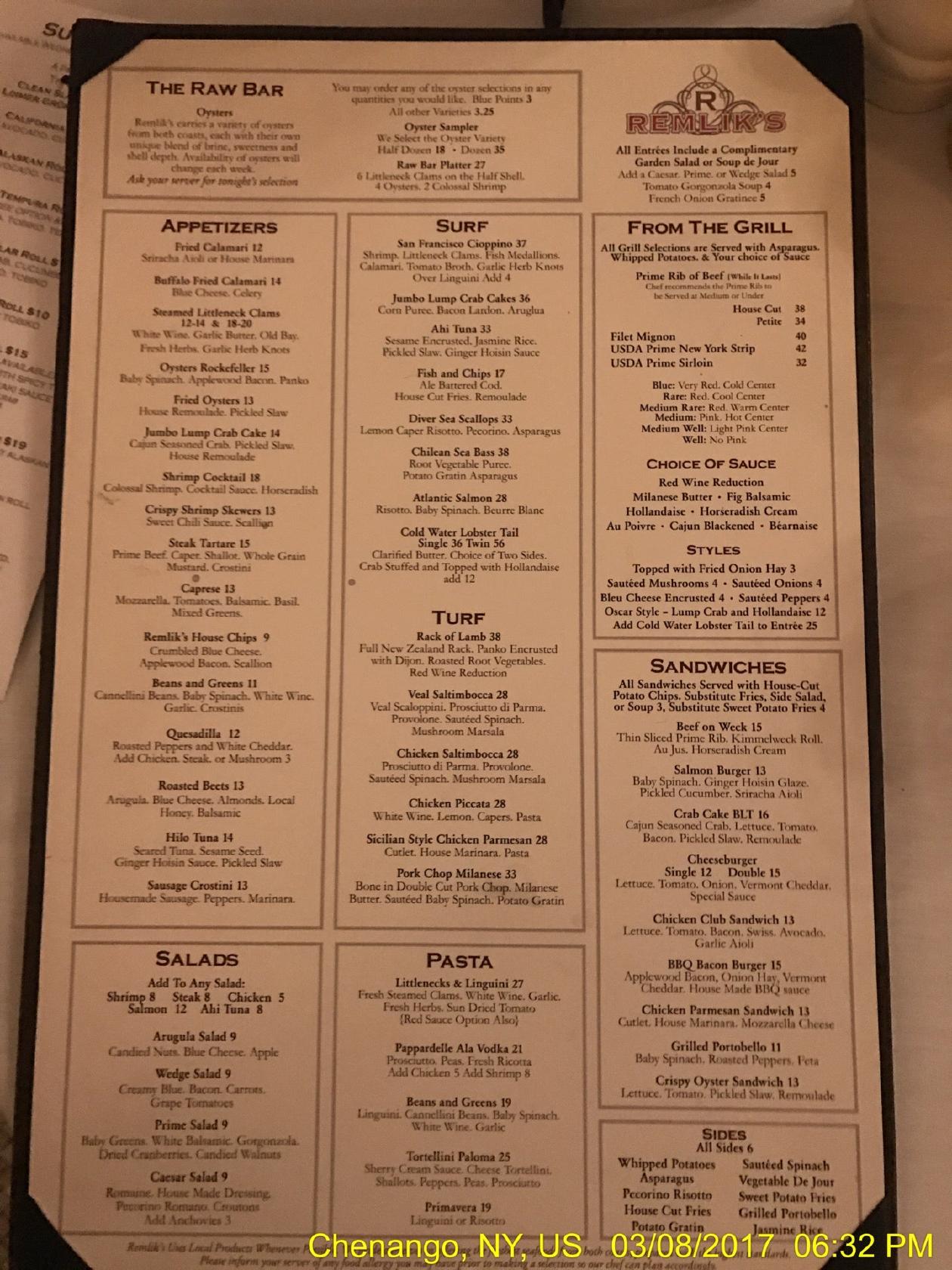 Menu at Remlik's Grille & Oyster Bar, Binghamton