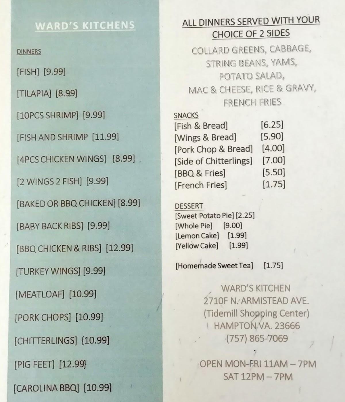 Menu at Ward's Soul Food Kitchen restaurant, Hampton