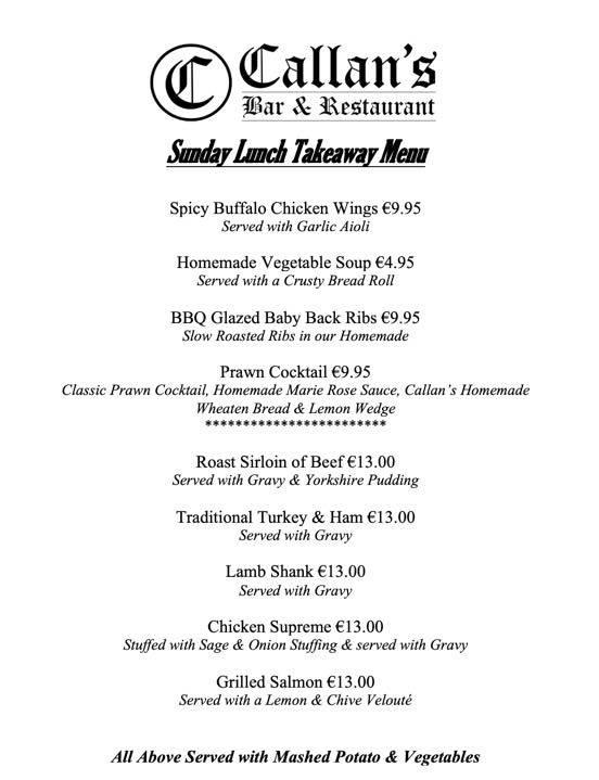 Menu at Callans Bar and Restaurant, Hackballscross