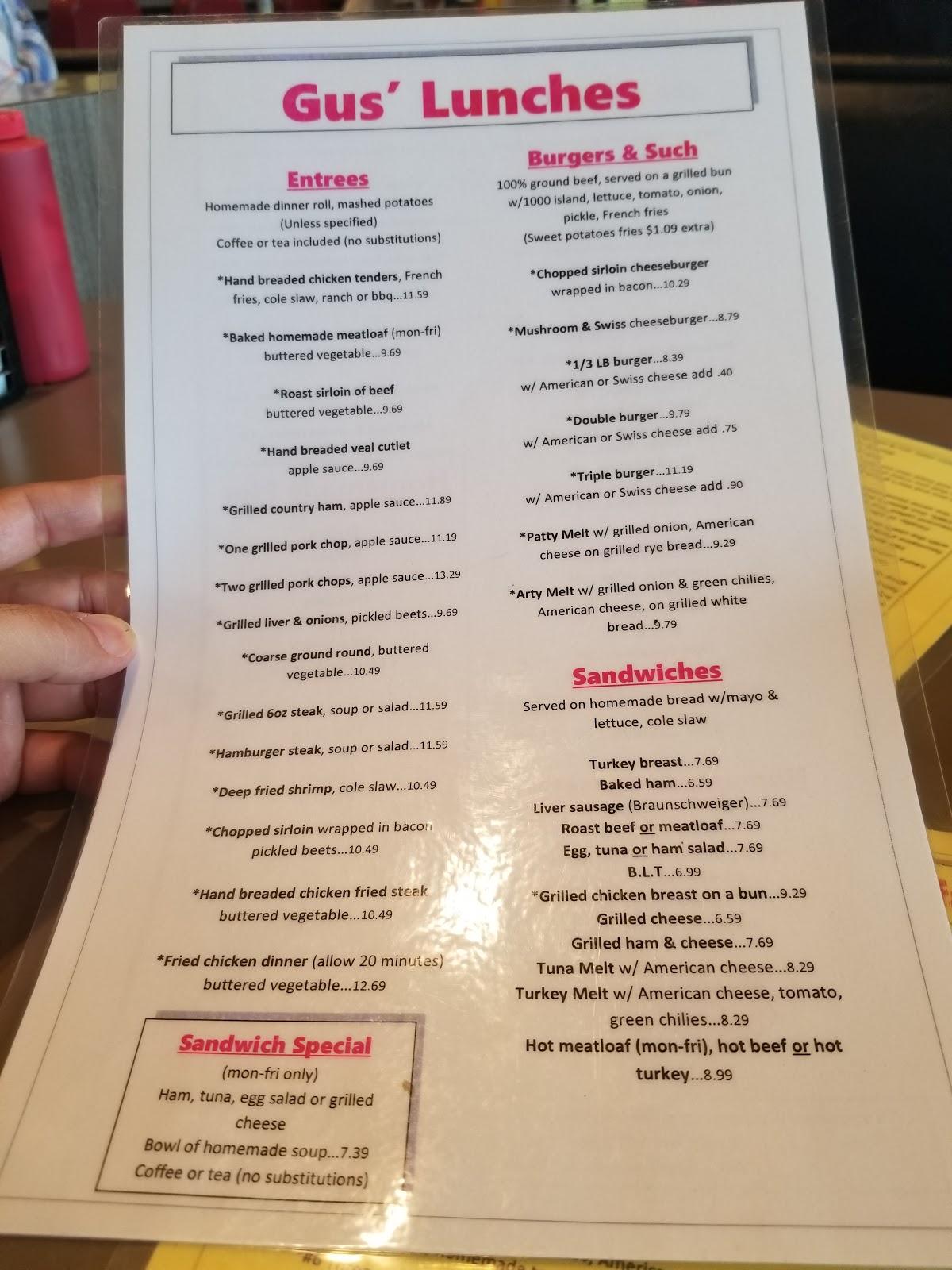 Menu at Gus Balon's Restaurant, Tucson