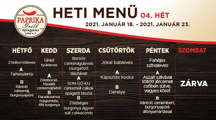 Menu at Paprika Grill restaurant, Nyíregyháza