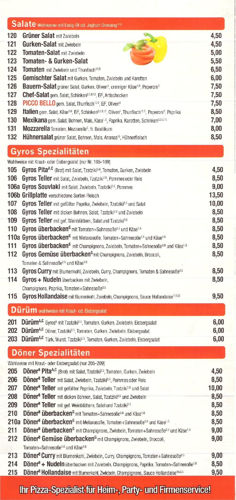 Speisekarte von Picco Bello pizza, Zetel