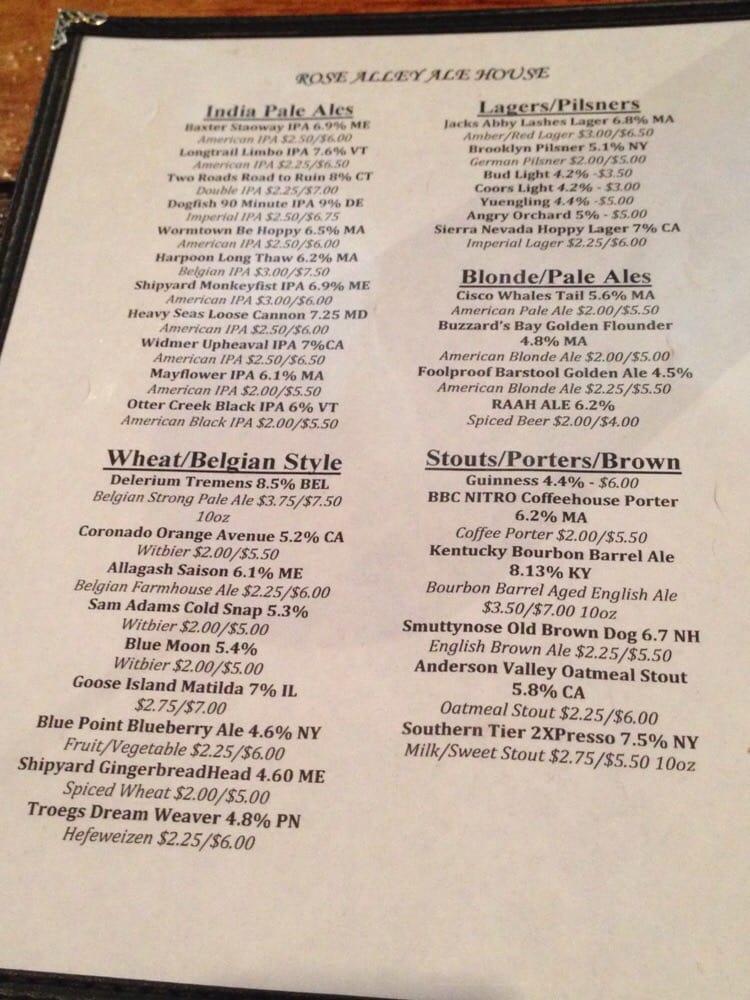 Menu at Rose Alley Ale House pub & bar, New Bedford