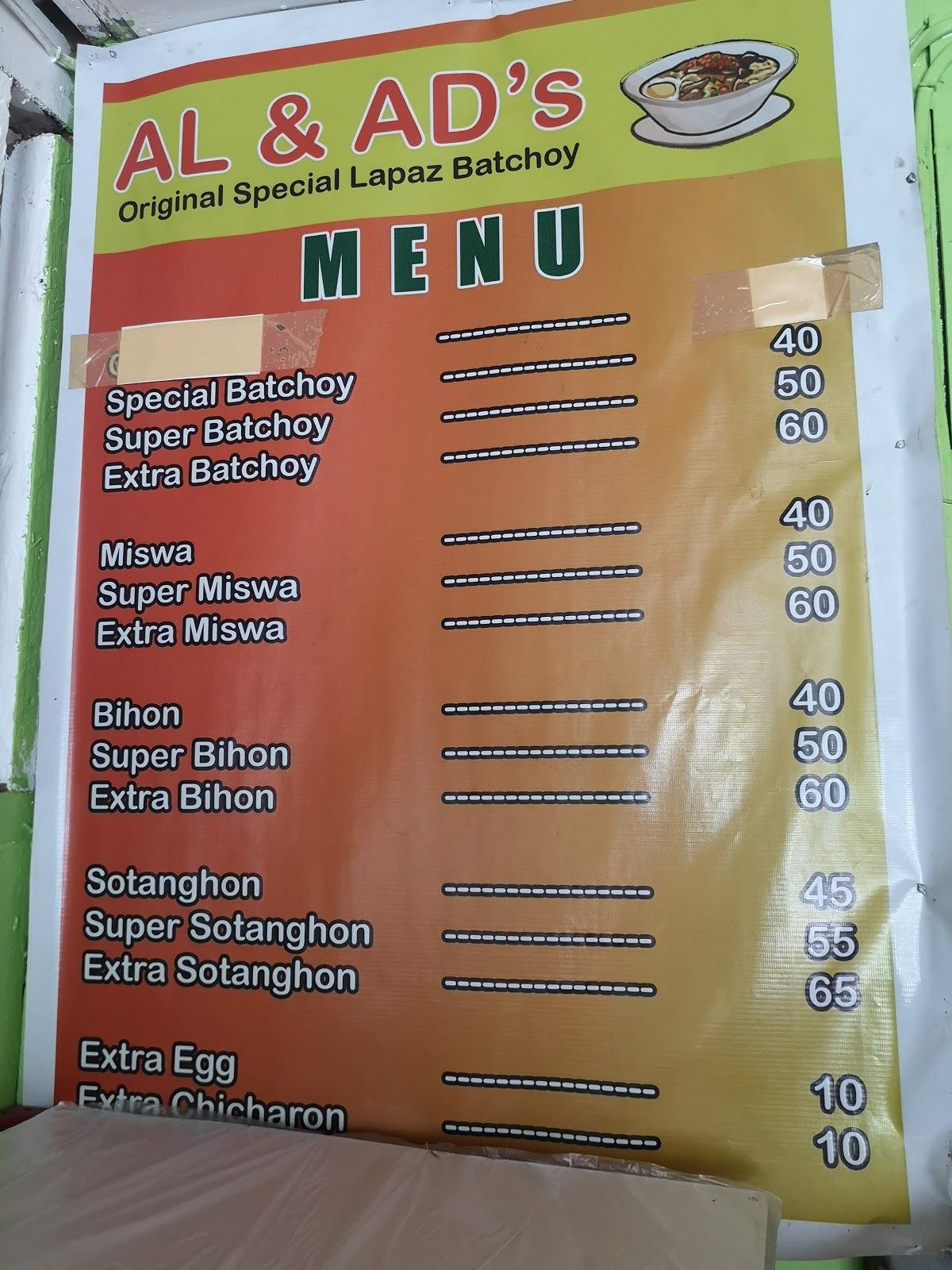 Menu at Al & Ad's Original Special Lapaz Batchoy Chicken Inasal(Unli ...