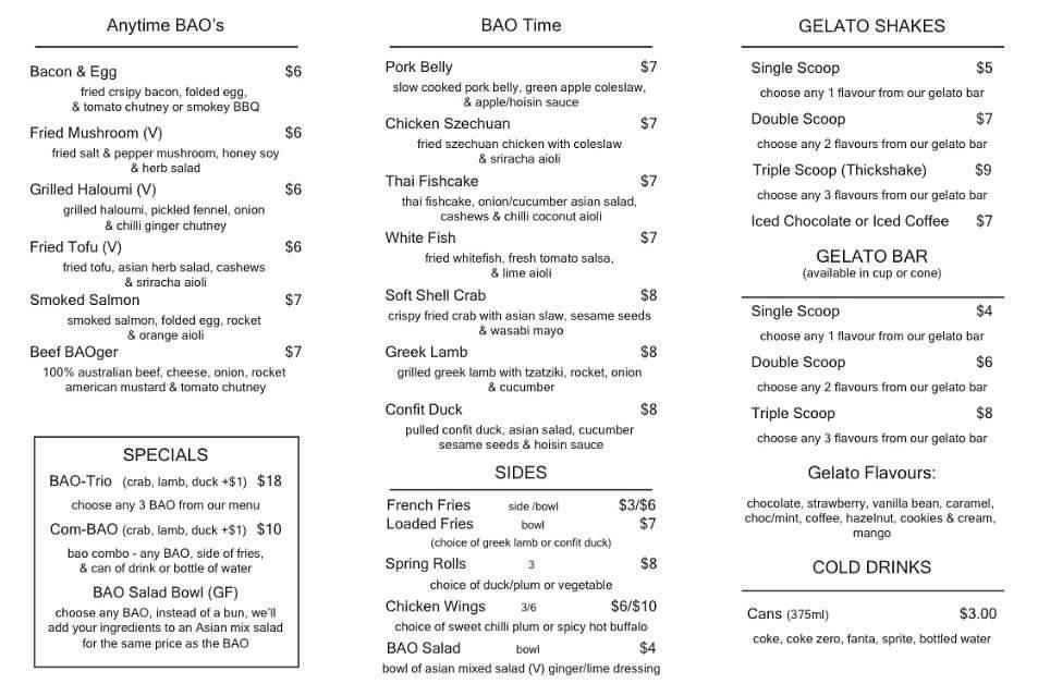 Menu at BAO Burgers fast food, Surfers Paradise