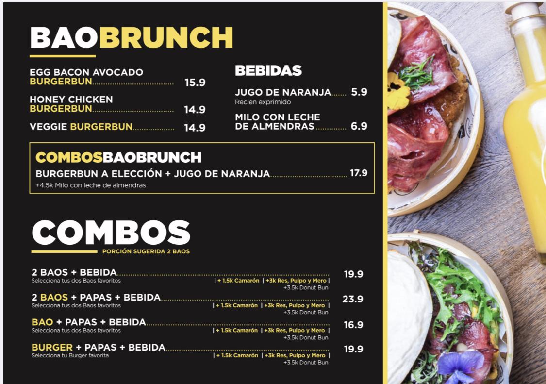 Menu at Bao bun restaurant, Bogotá, Calle 90#16-34 mercado del chico ...