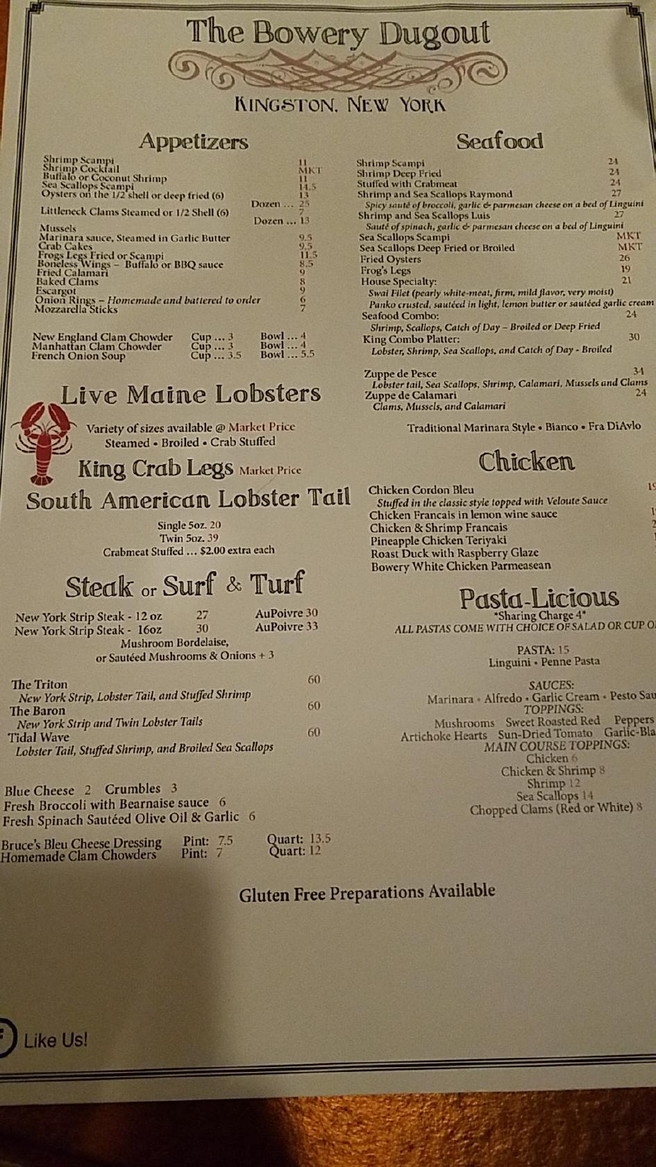 Menu at Bowery Dugout steakhouse, Kingston