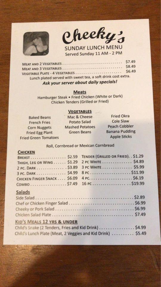Menu at Cheeky's restaurant, Gordo, 129 Industrial Park St