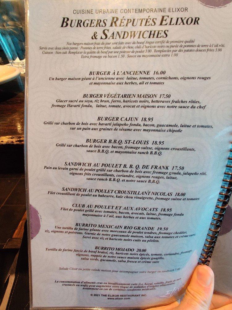 Menu au Elixor restaurant, Laval, Avenue Pierre-Péladeau