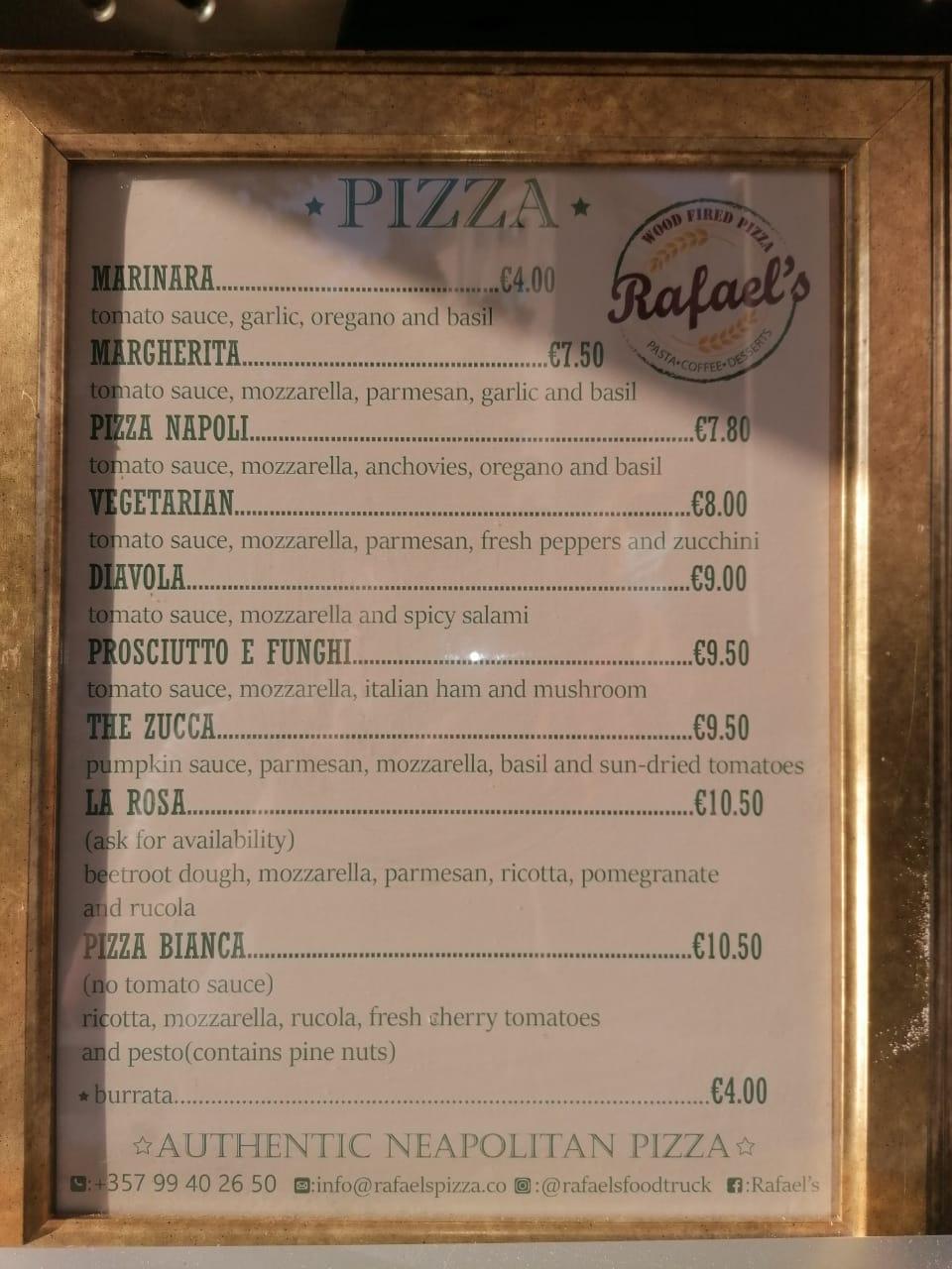 Menu at Rafael's food truck, Limassol
