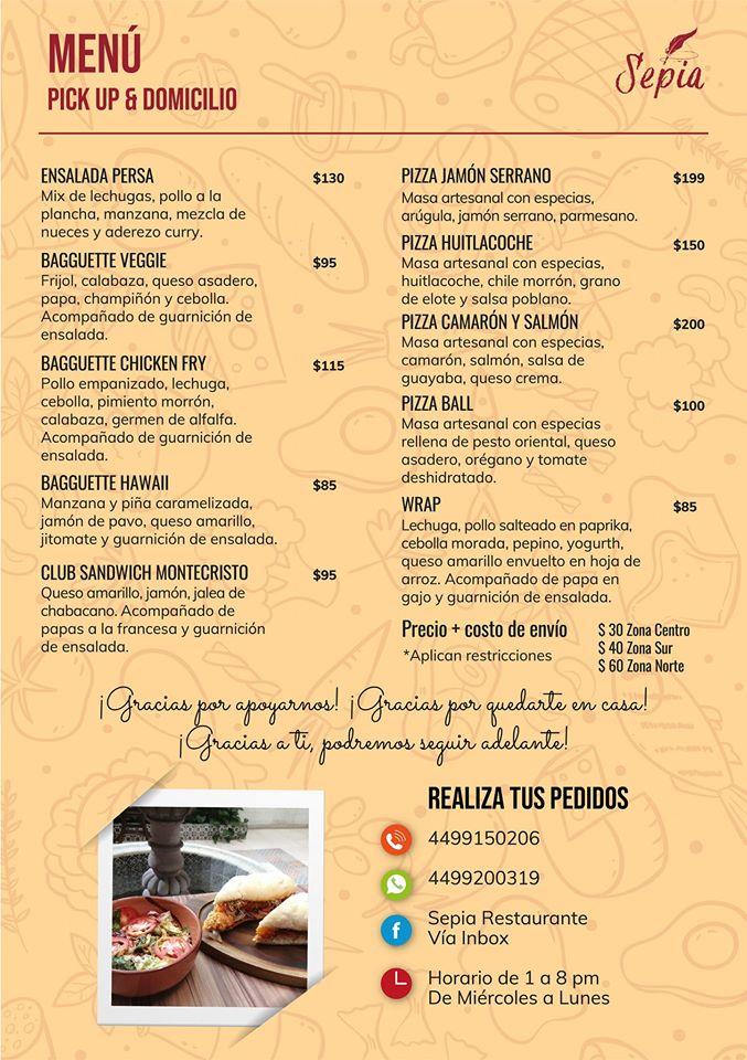 Menu at Sepia restaurant, Aguascalientes