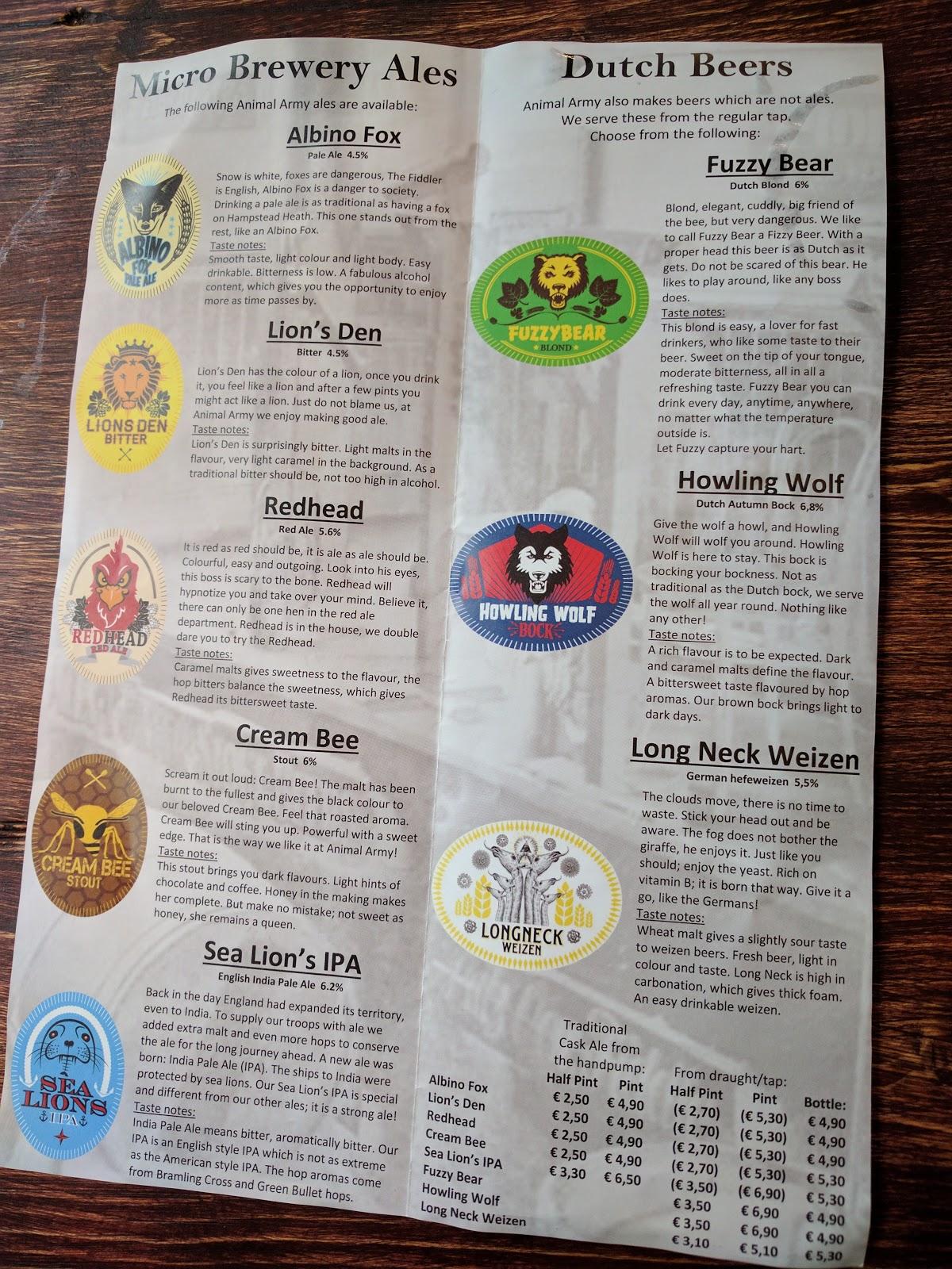 Menu at The Fiddler, The Hague