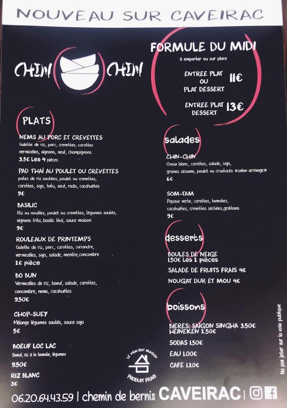 Carta del restaurante Chin chin, Caveirac