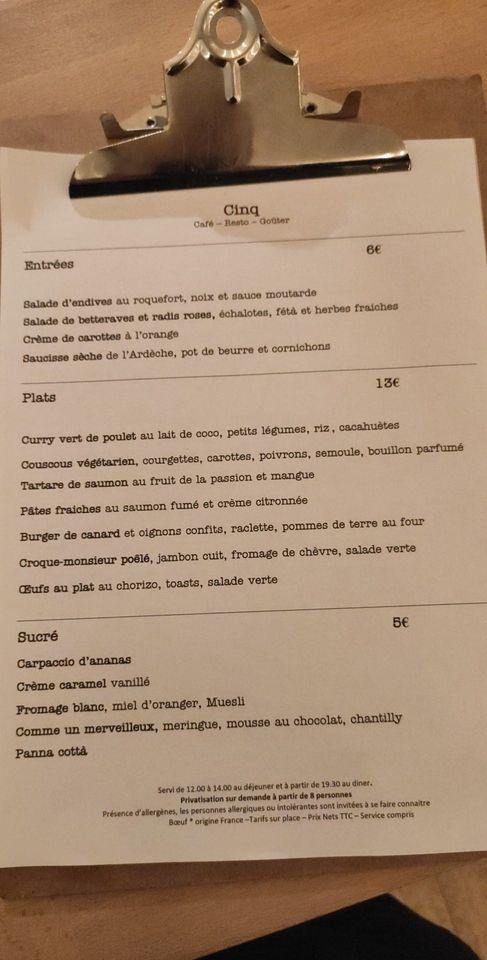 Menu at Cinq restaurant, Clamart