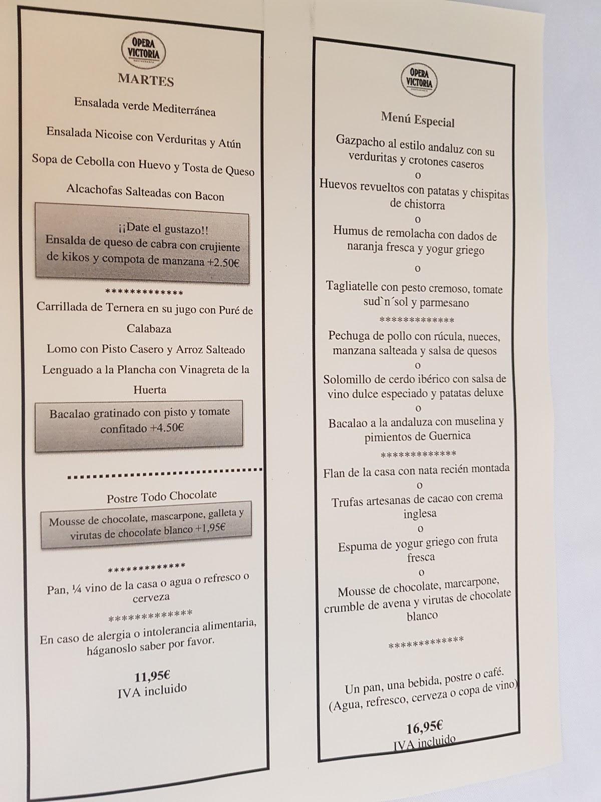 Carta de Ópera Victoria Restaurante, Madrid