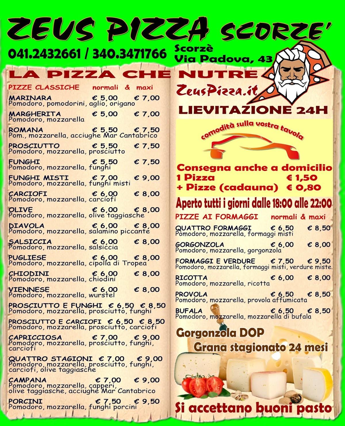Menu da Zeus Pizza pizzeria, Scorzè