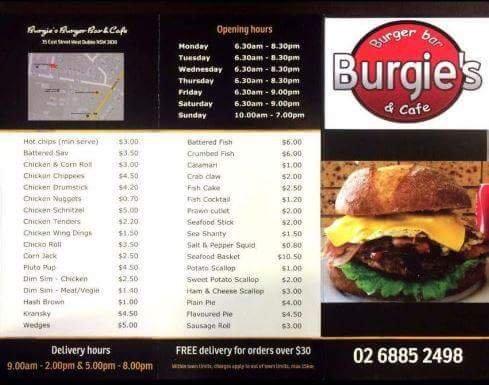 Menu at Burgie's Burger Bar & Cafe, Dubbo
