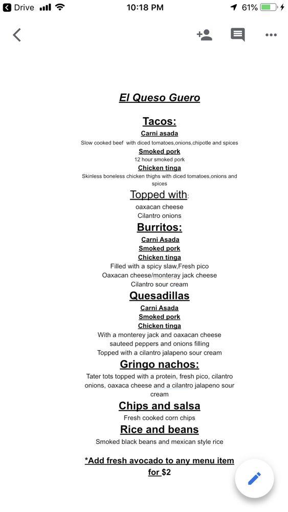 Menu at El Queso Guero, Henderson