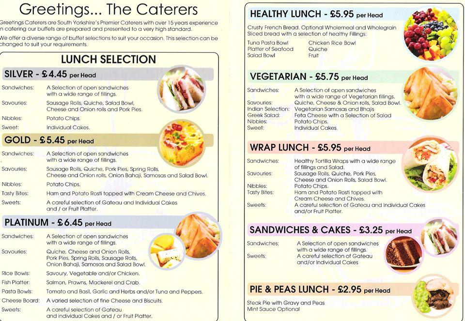 Menu at Greetings Cafe/Caterers, Rotherham, 72-74 Broad St