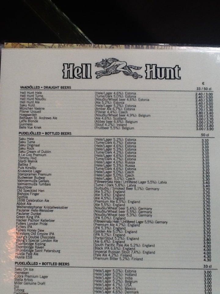 Menu at Hell Hunt pub & bar, Tallinn