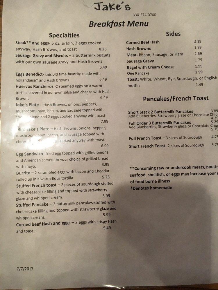 Menu at Jake's Eats restaurant, Mantua
