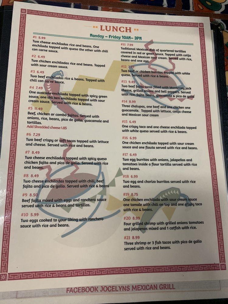 Menu at Jocelyn's Mexican Grill restaurant, Longview, 809 Pine Tree Rd