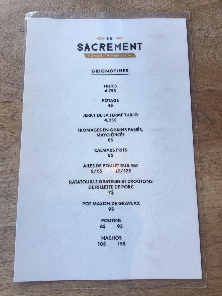 Menu at Le Sacrement - Bistropub, Québec City