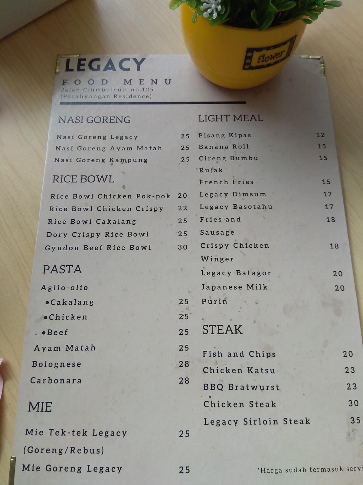 Menu at Legacy PVS Café cafe, Bandung