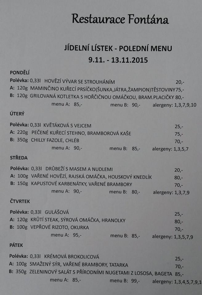 Menu at Restaurace Fontána restaurant, Lomnice nad Popelkou