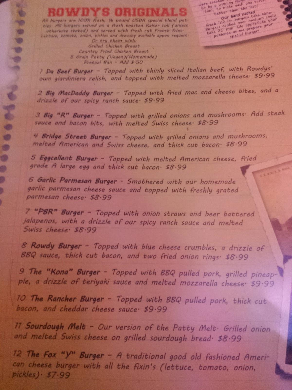 Menu at Rowdy's pub & bar, Yorkville