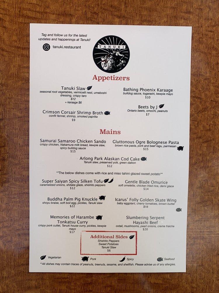 Menu at Tanuki Restaurant, Markham