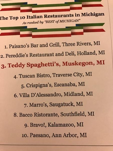 Menu at Teddy Spaghettis pizzeria, Muskegon