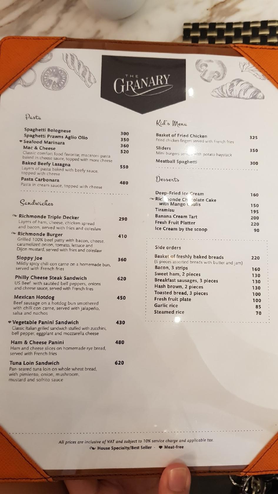 Menu at The Granary restaurant, Iloilo City