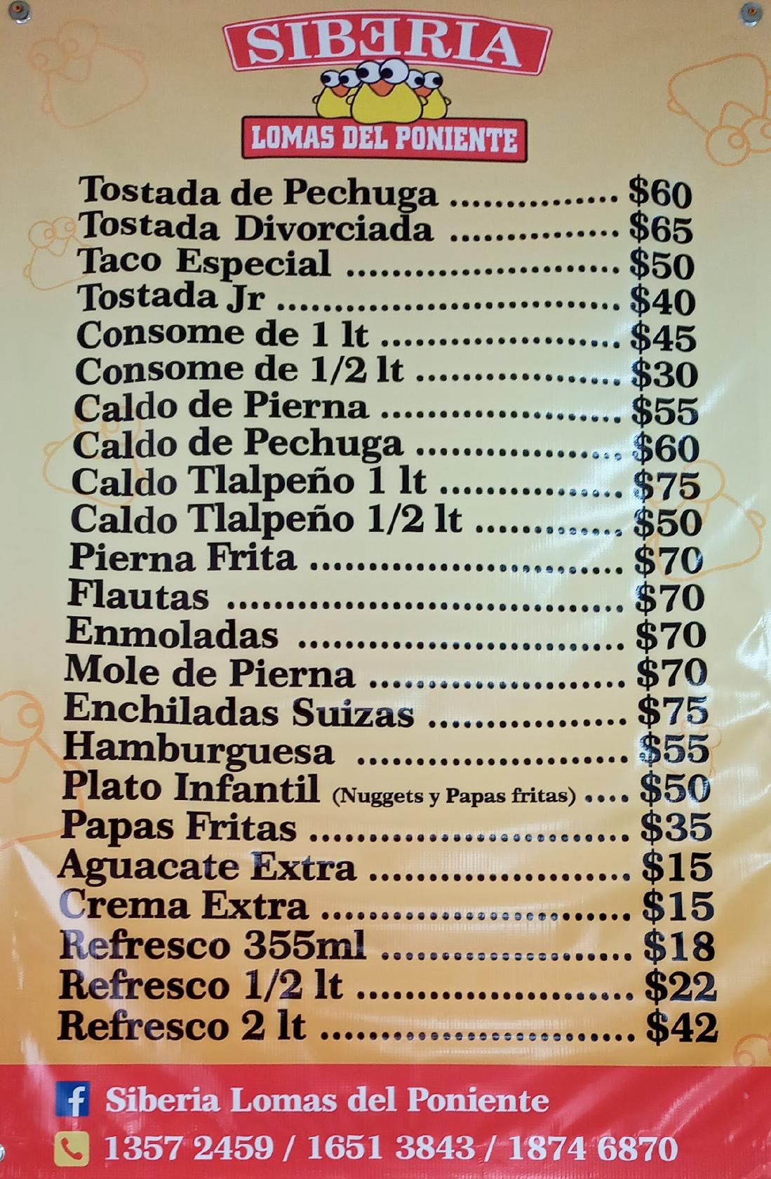 Carta del restaurante Tostadas La Siberia, Monterrey, Vicente Guerrero 112