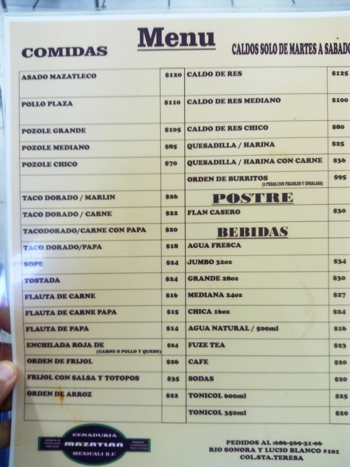 Menu at Cenaduria Mazatlán restaurant, Mexicali