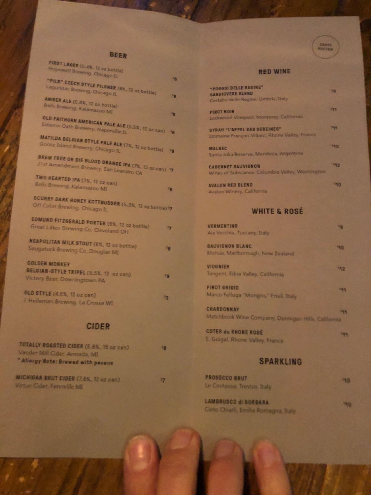 Menu at Front Bar, Chicago