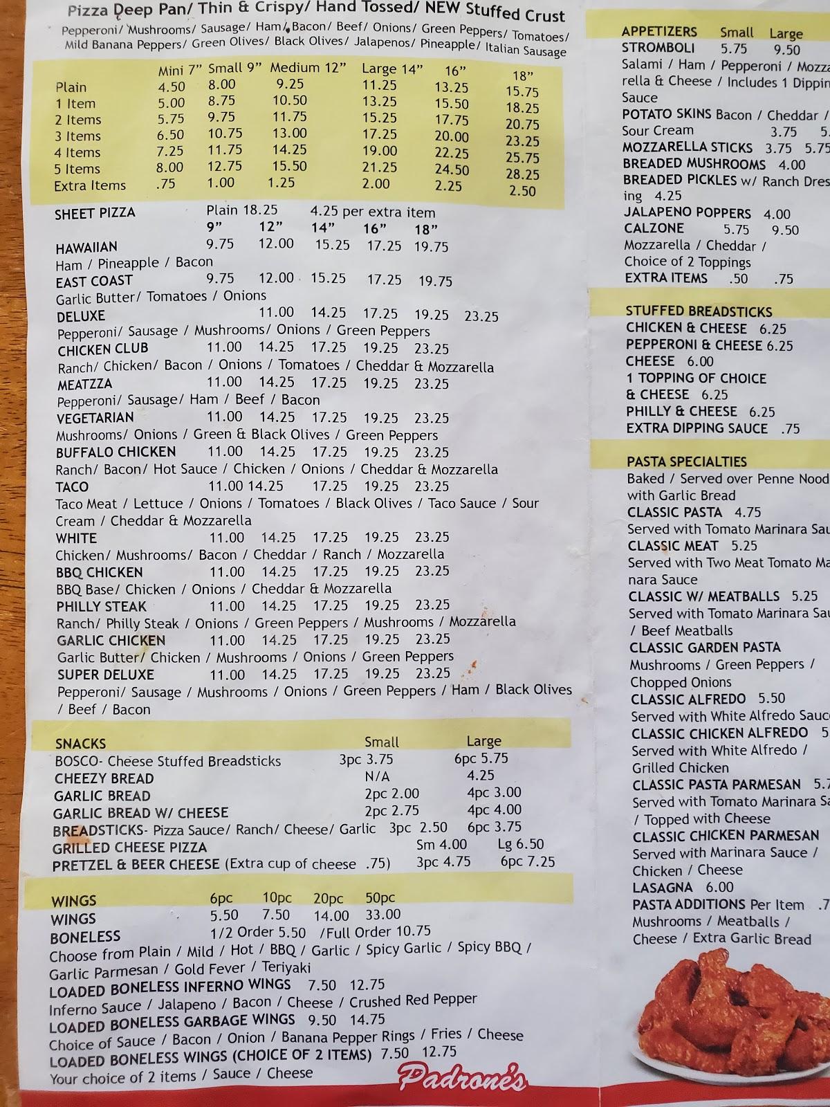 Menu at Padrone's Pizza pizzeria, Wapakoneta