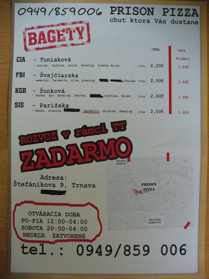 Menu at Prison Pizza pizzeria, Trnava