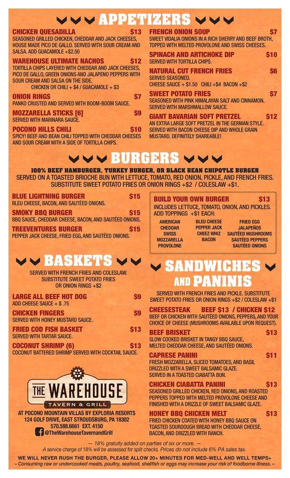 Menu at The Warehouse Tavern & Grill pub & bar, USA