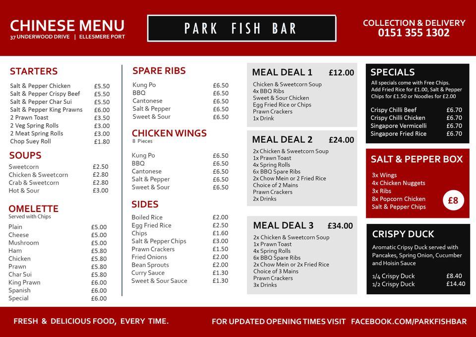 Menu at Park fish bar, Ellesmere Port