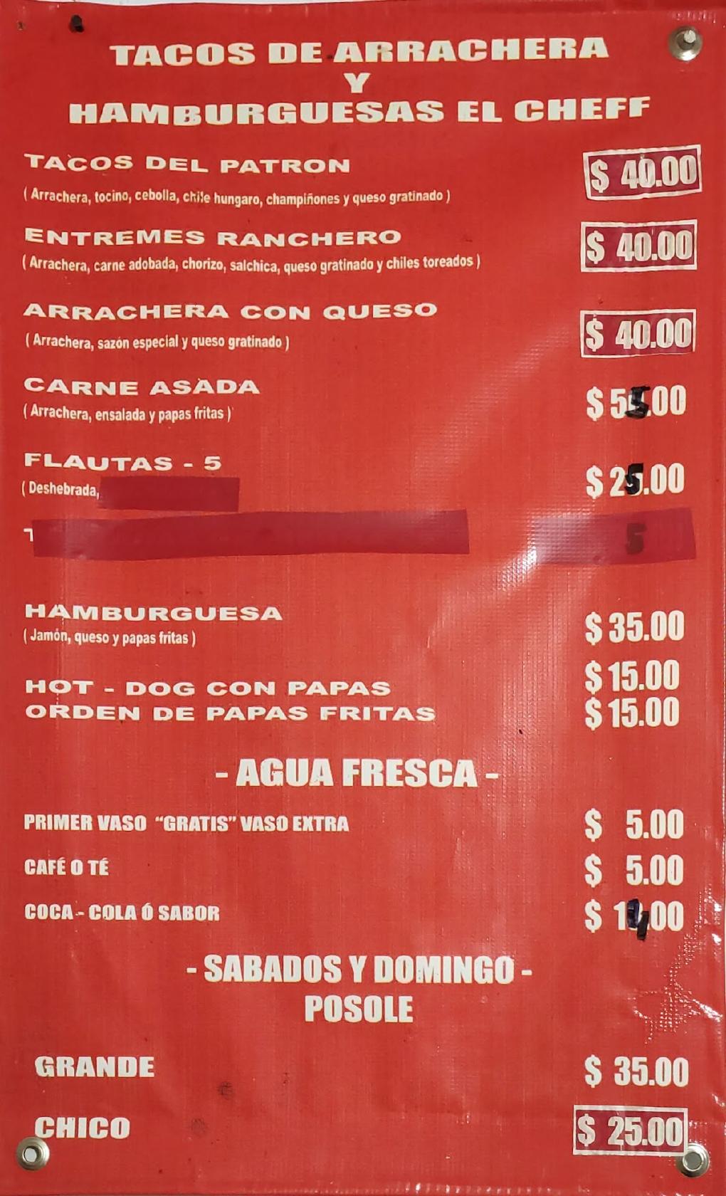 Menu at Cenaduria Don Pedro restaurant, Zacatecas