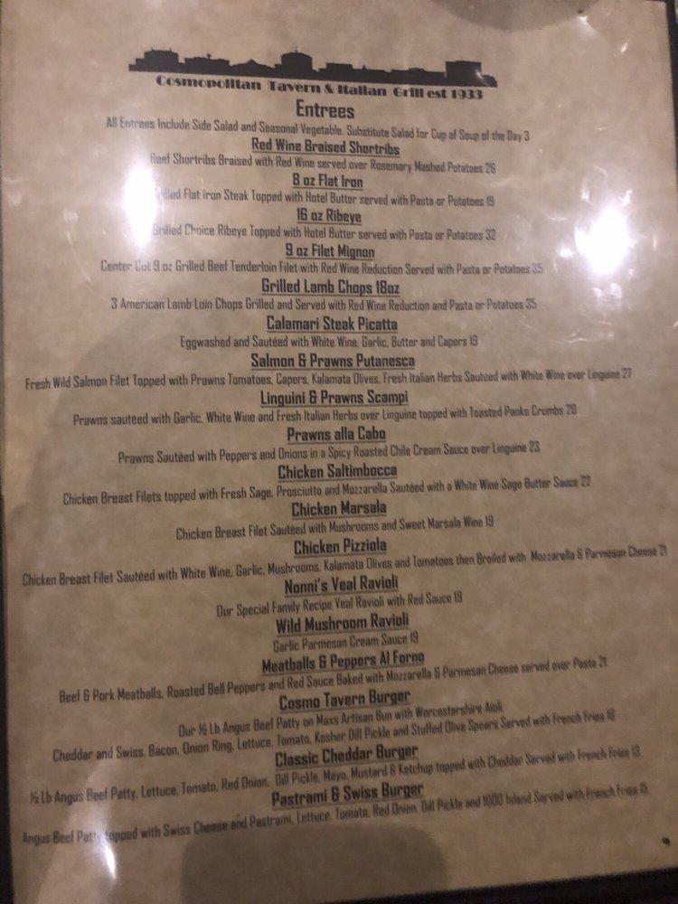 Menu at Cosmopolitan Tavern & Italian Grill pub & bar, Fresno, 625 O St