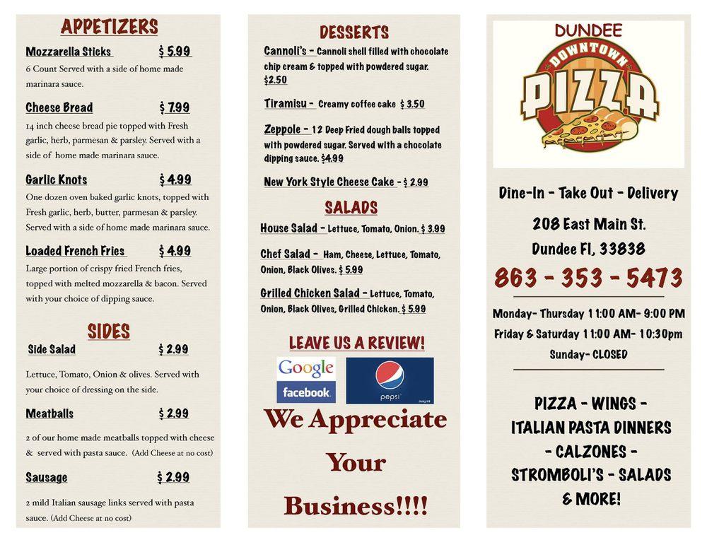 Menu at Dundee Downtown Pizza pizzeria, Dundee