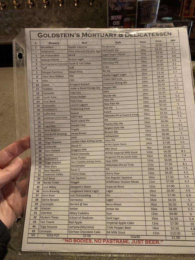 Menu at Goldstein's Mortuary & Delicatessen pub & bar, Fresno