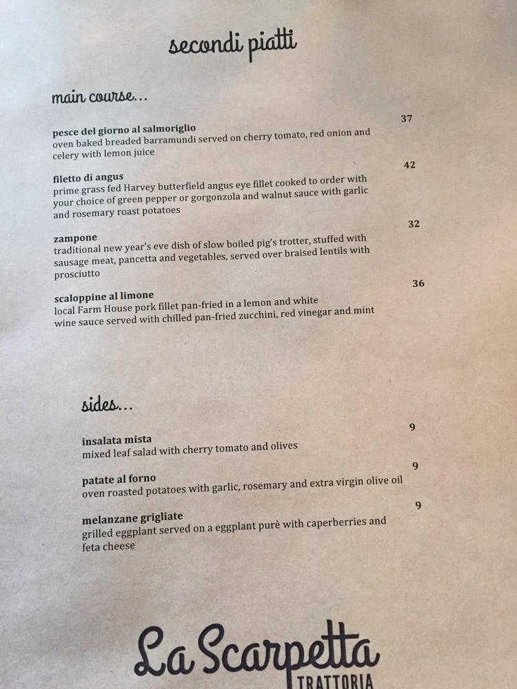 Menu at La Scarpetta Trattoria restaurant, Margaret River