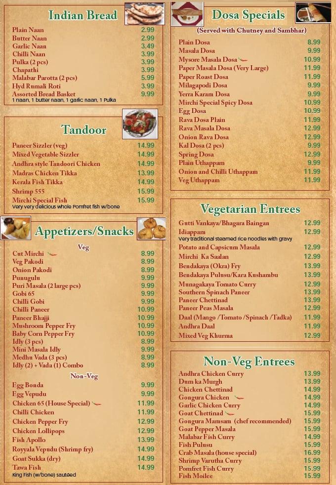 Menu at Mirchi Homestyle Indian Cuisine restaurant, Edison