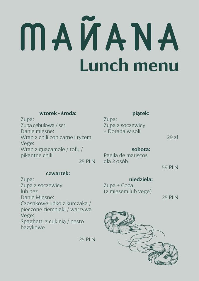 Menu at Mañana pub & bar, Kraków, Kurkowa 1